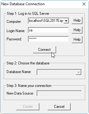 Acuity® software: Creating a new connection to an existing database