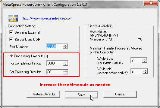 MetaXpress PowerCore: Fails on large, more complex analysis; timeout errors